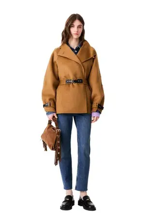 Maje Belted Mid-length Wool Coat - Camel