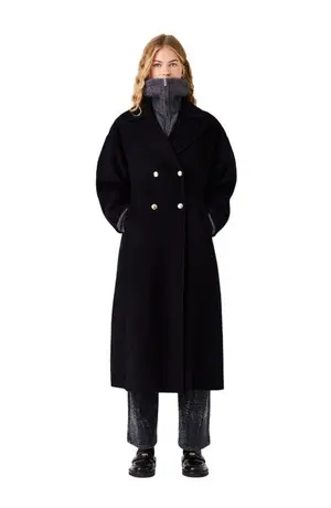 Maje Long Double-breasted Wool Coat - Black