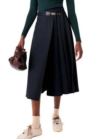 Maje Long Pleated Skirt With Buckle
