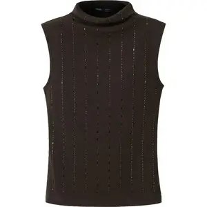 Mango Sleeveless Crystal Embellished Mock Neck Top - Chocolate