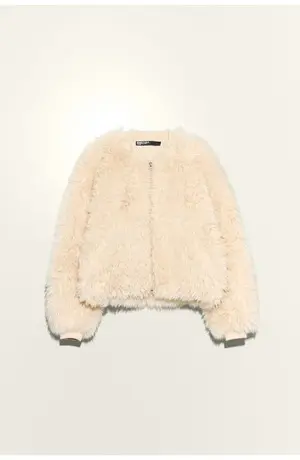 Bimba Y Lola Faux Fur Cropped Bomber Jacket - Ivory