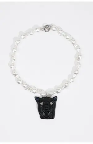 Bimba Y Lola Pearl Necklace With Panther Head - Black