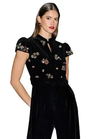 YUMI Luxe Velvet Embroidered Floral Jumpsuit