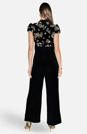 YUMI Luxe Velvet Embroidered Floral Jumpsuit