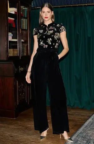 YUMI Luxe Velvet Embroidered Floral Jumpsuit