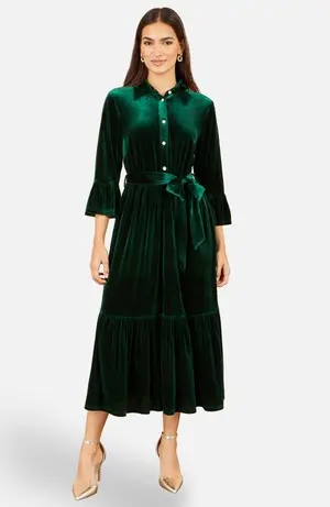 YUMI Fluted Sleeves Velvet Midi Dress - Green