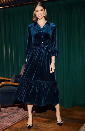 YUMI Fluted Sleeves Velvet Midi Dress - Teal
