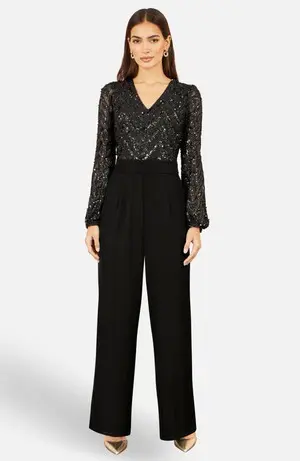 YUMI Sequin Wide Leg Jumpsuit - Black