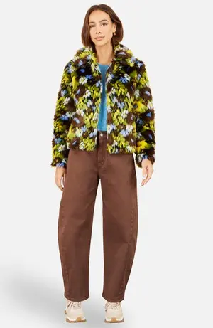 YUMI Faux Fur Abstract Print Jacket