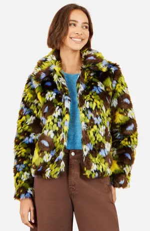YUMI Faux Fur Abstract Print Jacket