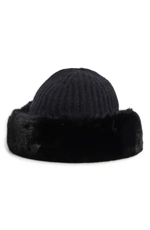 Treasure & Bond Faux Fur Trim Ribbed Knit Cloche - Black