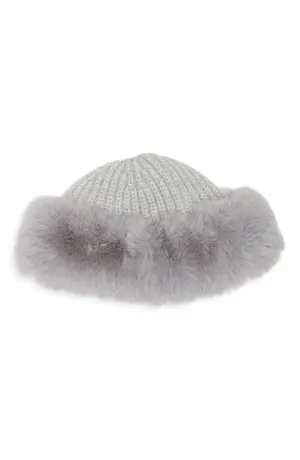 Treasure & Bond Faux Fur Trim Ribbed Knit Cloche Grey