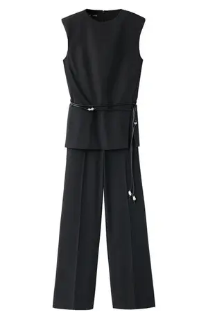 Mango Beaded Belt Sleeveless Jumpsuit - Black