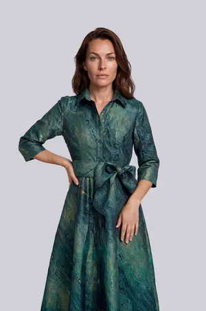 Rene Ruiz Collection 3/4 Sleeve Taffeta Jacquard Shirt Gown