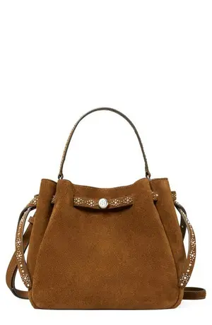 Tory Burch Romy Studded Leather Bucket Bag - Caramel