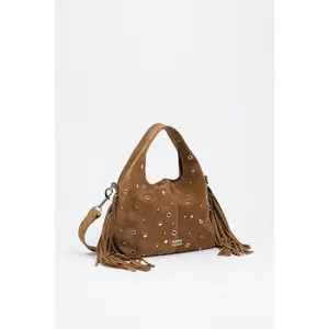 Bimba Y Lola Small Suede Paper Bag With Fringing And Studs - Olive