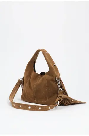 Bimba Y Lola Small Suede Paper Bag With Fringing And Studs