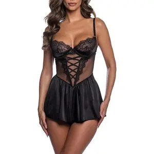 ROMA CONFIDENTIAL Haute Night Lace Underwire Chemise & G-string Set - Black