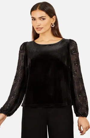 YUMI Tie Neck Evening Blouse - Black