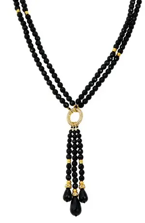 SAVVY CIE JEWELS 18k Gold Plate Onyx Tassel Double Strand Necklace