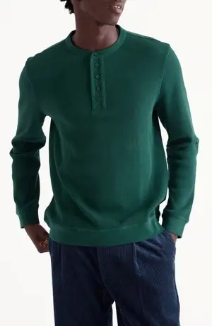 SEASALT CORNWALL Brigantine Long Sleeve Waffle Henley T-shirt - Thicket