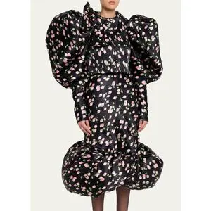 Marc Jacobs Rose-print Satin Bow Balloon-sleeve Crop Jacket