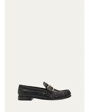 Miu Miu Crinkled Leather Buckled Moccasin Loafers - Nero