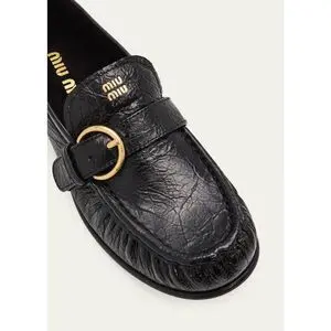 Miu Miu Crinkled Leather Buckled Moccasin Loafers