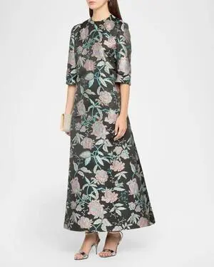 REEM ACRA Metallic Floral Brocade 3/4-sleeve Kaftan Gown