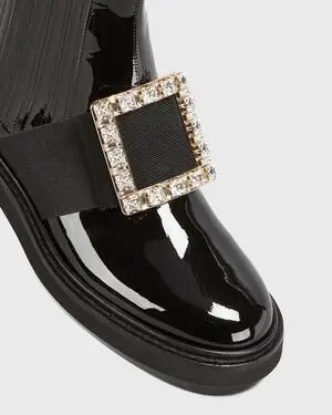 ROGER VIVIER Viv & Apos; Rangers Patent Chelsea Booties With Crystal Buckle - Black