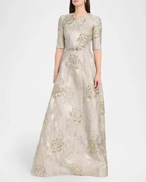 REEM ACRA Metallic Floral Brocade Elbow-sleeve A-line Gown - Silver