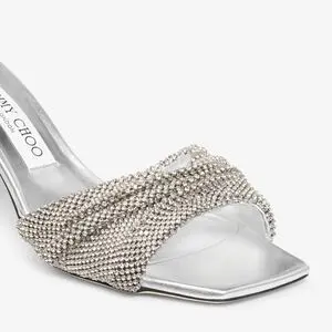 JIMMY CHOO Skye 70 Silver Metallic Nappa Leather Mule Sandals With Crystal Mesh