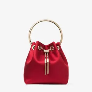 JIMMY CHOO Bon Bon Ruby Red Satin Bucket Bag
