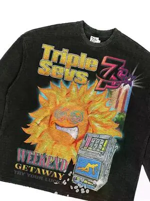 TRIPLE SEVENS Graphic-print Waffle-knit Long-sleeve T-shirt - Black