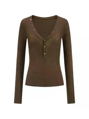 OUDE WAAG Ribbed-knit V-neck Top - Brown