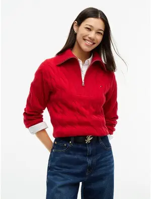 Tommy Hilfiger Cable Knit Quarter-zip Sweater - Medium Red