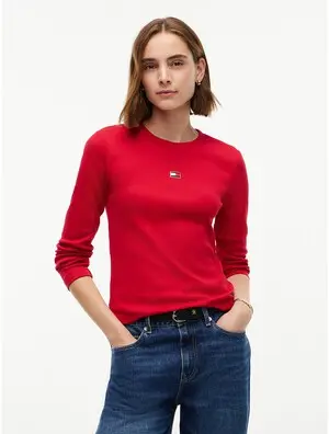Tommy Hilfiger Embroidered Flag Logo Rib-knit T-shirt - Medium Red