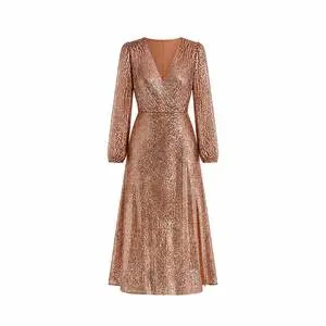 YUMI Copper Sequin Long Sleeve Midi Dress - Orange