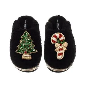LAINES LONDON Teddy Closed Toe Slippers With Christmas Tree & Candy Cane Brooches - Black