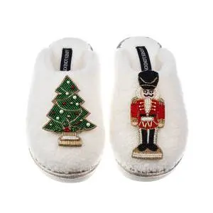 LAINES LONDON Neutrals/ Teddy Closed Toe Slippers With Christmas Tree & Nutcracker Brooches Cream - White