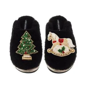 LAINES LONDON Teddy Closed Toe Slippers With Christmas Tree & Rocking Horse Brooches - Black