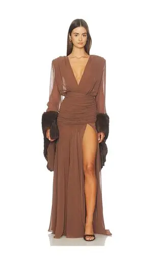 BRONX BANCO Chiffon & Faux Fur Long Sleeve V-neck Gown - Brown