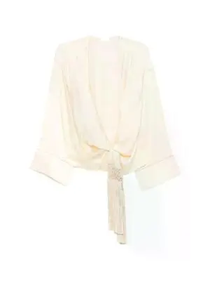 Andamane Fringe-trim Tie-front Blouse - Neutrals