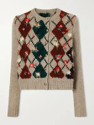 Khaite Marcela Checked Embroidered Wool And Mohair-blend Cardigan - Neutrals