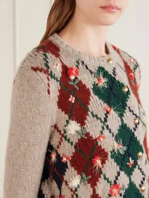 Khaite Marcela Checked Embroidered Wool And Mohair-blend Cardigan