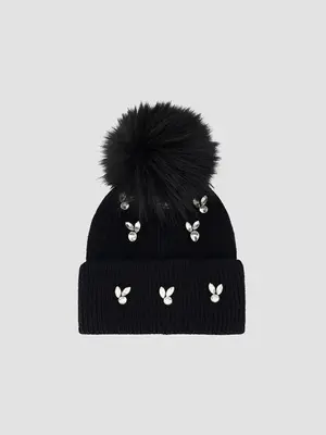 LYLA GRANT Knit Beanie Hat With Fox Pompom - Black