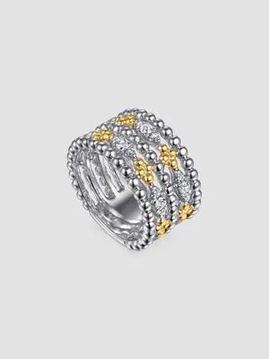 GABRIEL & CO Bujukan Sterling Silver, 14k Yellow Gold & White Sapphire Multi-band Ring