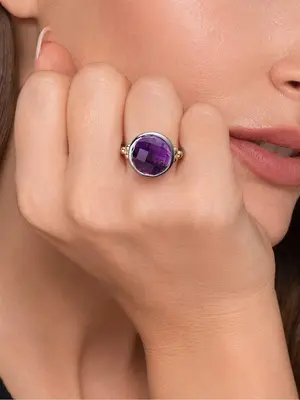 GABRIEL & CO Bujukan Sterling Silver, 14k Yellow Gold & Amethyst Cocktail Ring