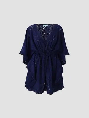 Melissa Odabash Ivy Core Broderie Anglaise Drawstring Short Caftan - Navy