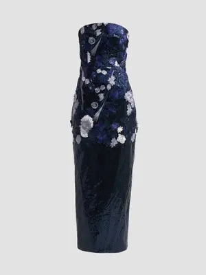MILLY Orion Embellished Strapless Column Gown - Navy Multi